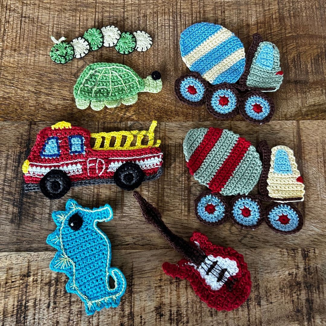 Mini Crochet Applique Patches - Turtle, Caterpillar, Guitar, Firetruck ...