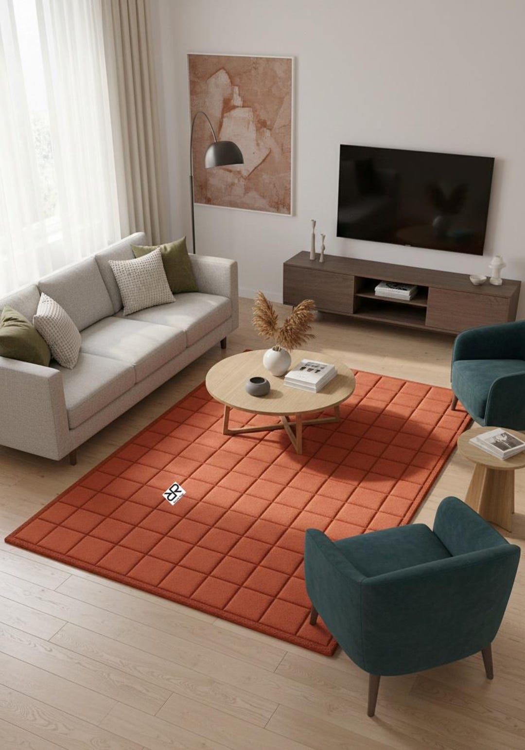 Terracotta Grid Rug | Modern Checkered Hand-tufted Carpet | Minimalist ...