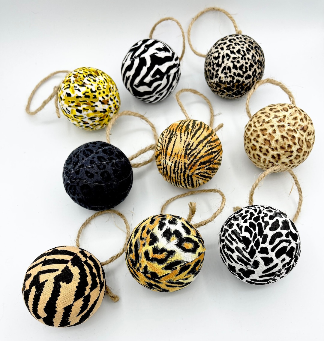 Set of 8 Animal Print Ornaments | 2.5” Fabric Wrapped Styrofoam Balls ...