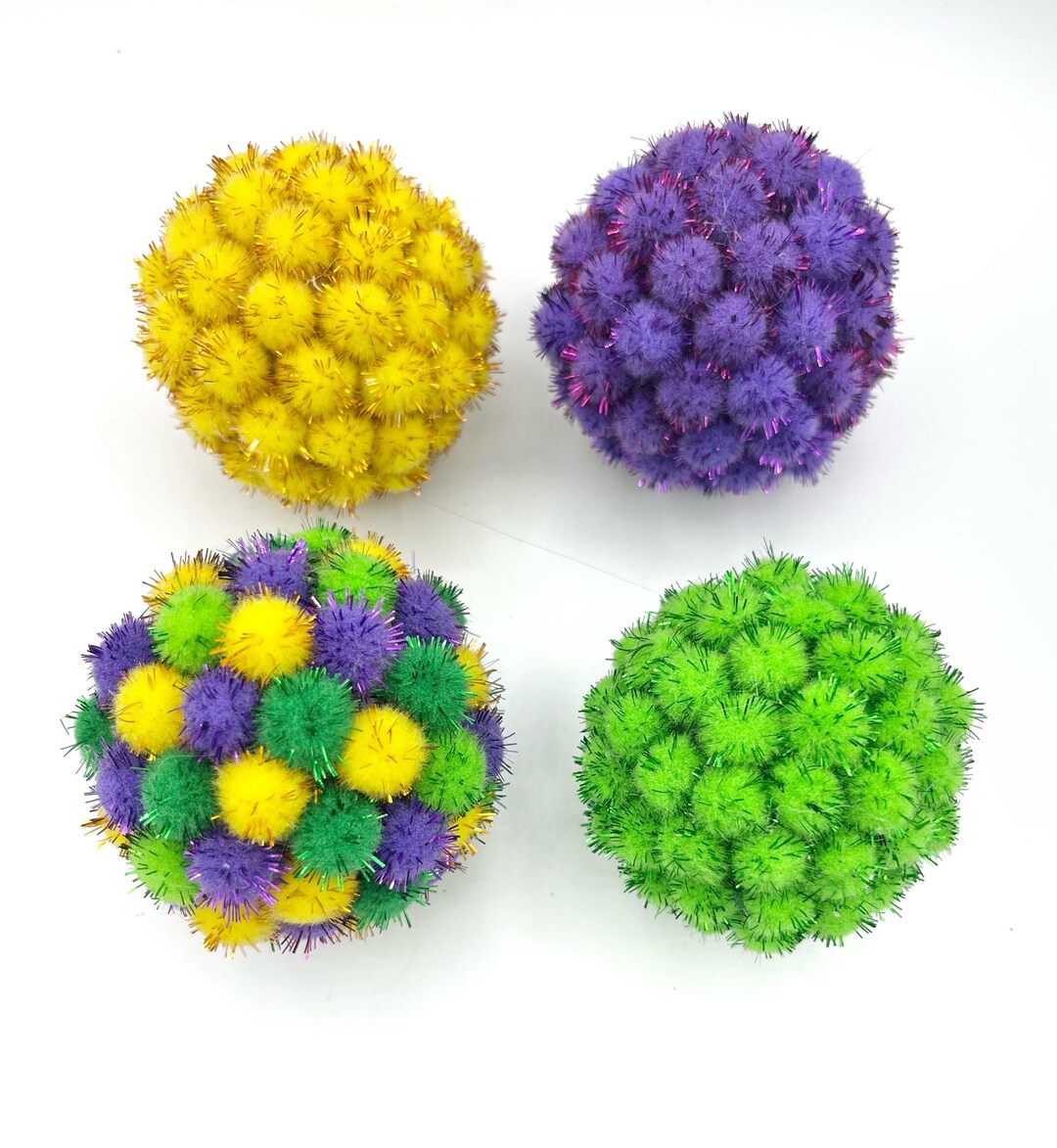 Mardi Gras Pom Pom Balls, Set of 4, Purple Yellow Green Decor Balls ...