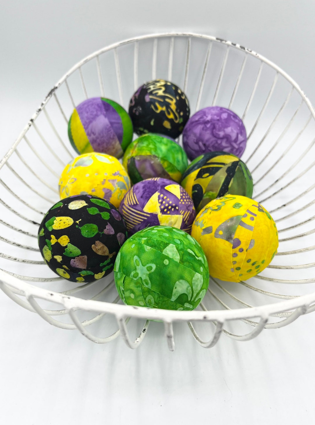 Mardi Gras Fabric Wrapped Balls, Purple Green Yellow Black Rag Ball ...