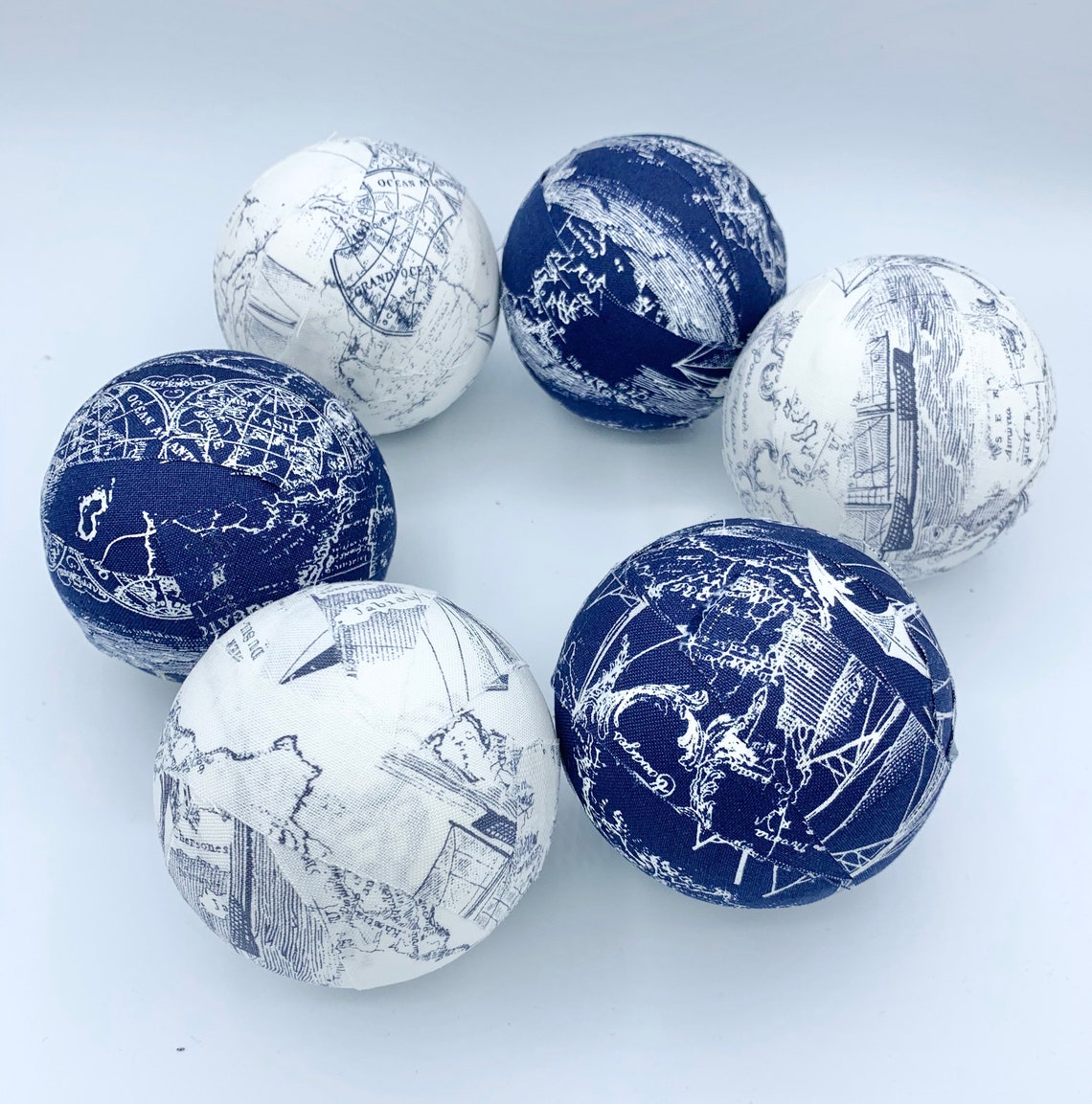 Old World Blue White Map Fabric Wrapped Balls Bowl Filler Orn | Etsy