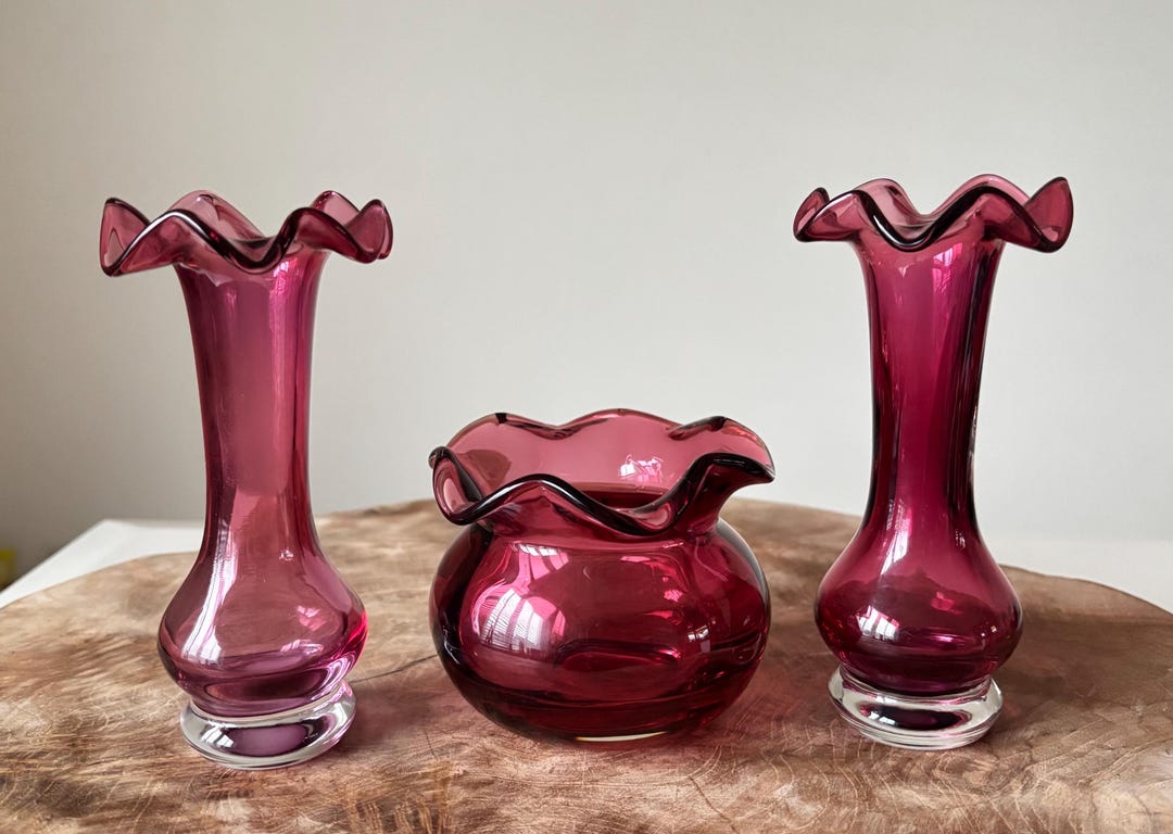 Beautiful 3 Piece Victorian Antique Cranberry Ruffled Frilled Glass ...