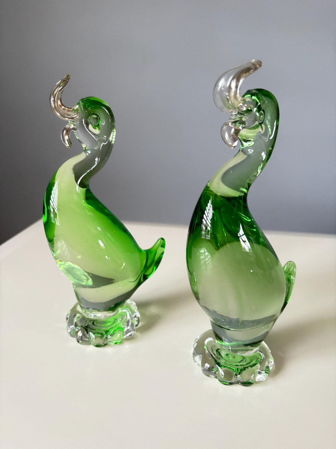 Vintage Pair Murano Green & Clear Glass Ducks Ornaments / Figurines ...