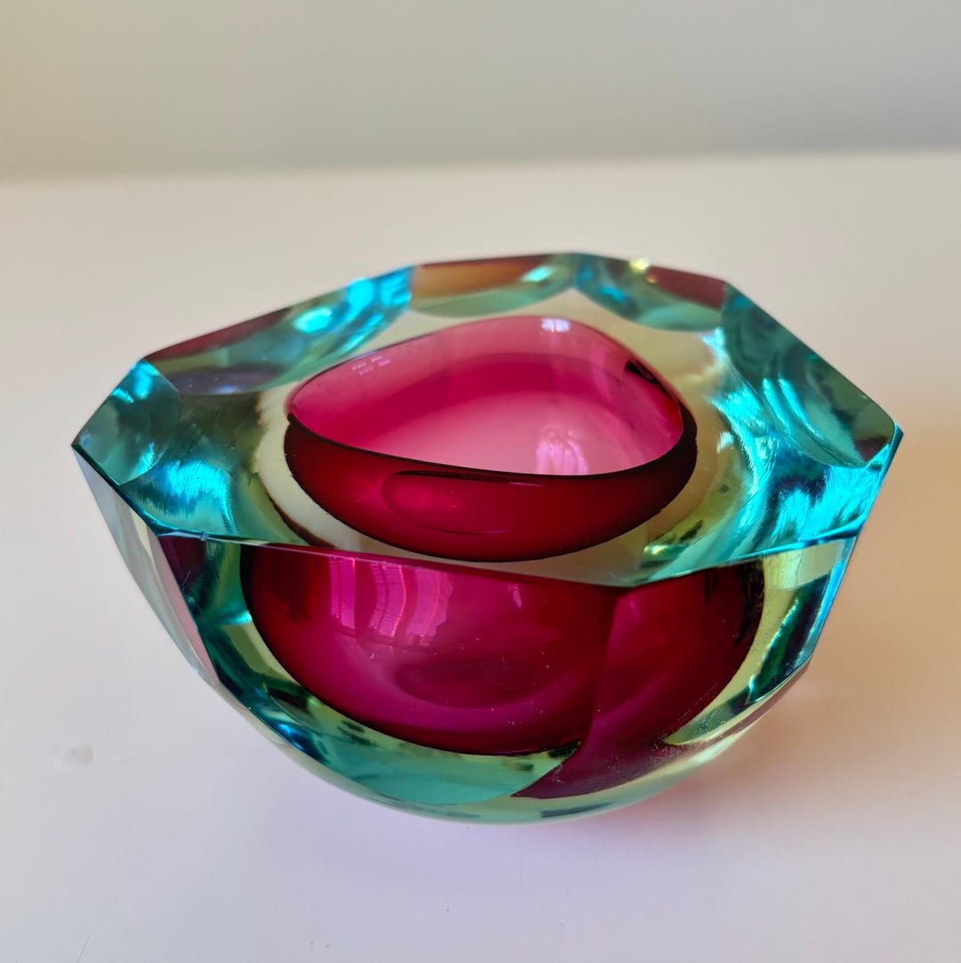Beautiful Rare Vintage MCM Murano Glass Pink & Teal Triangular Nonagon ...