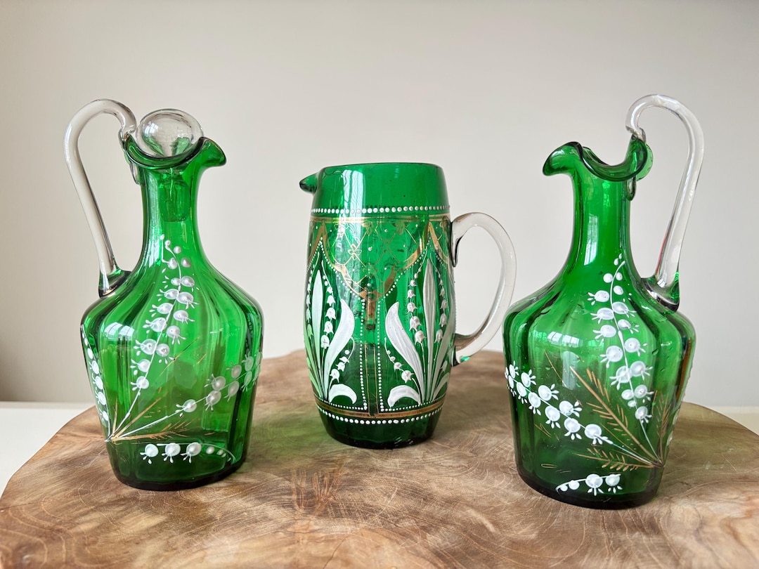 Antique Victorian Mary Gregory Style Green Glass Cruet Bottles and Jug ...