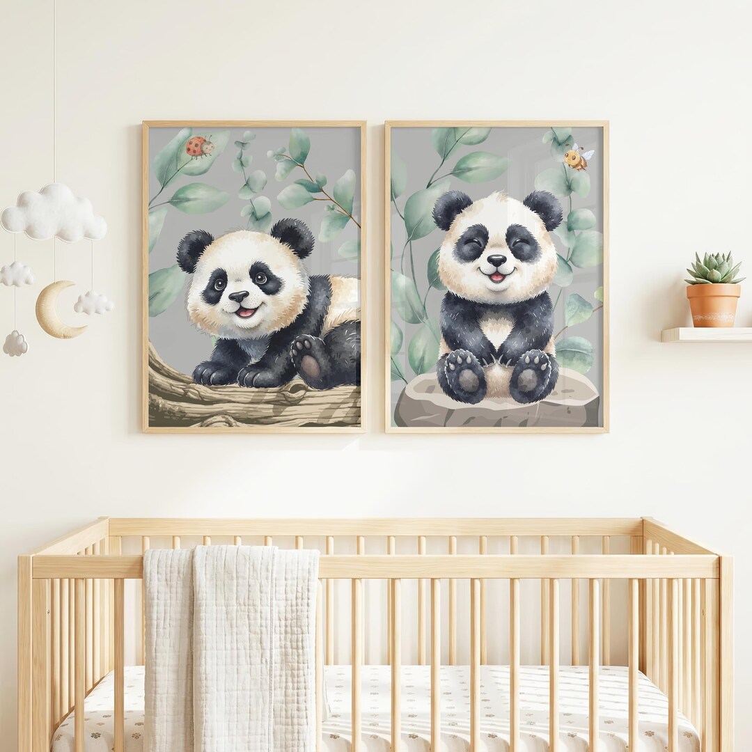 Panda Nursery Wall Art Set, Panda Nursery Wall Art, Baby Room Animal ...