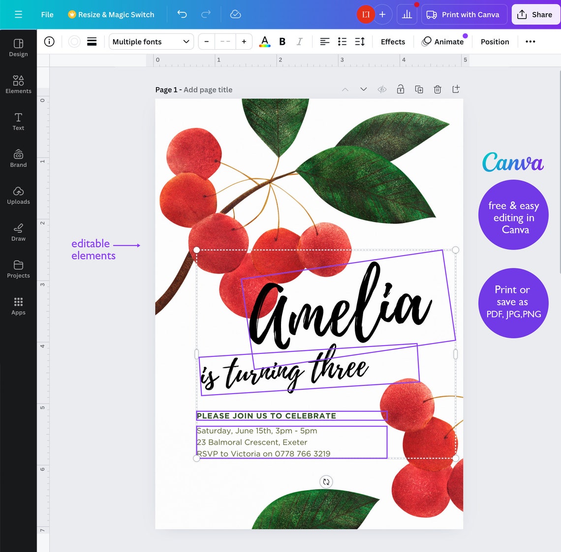 Cute Kids Birthday Party Invitation, Colourful Cherry Invite Template ...