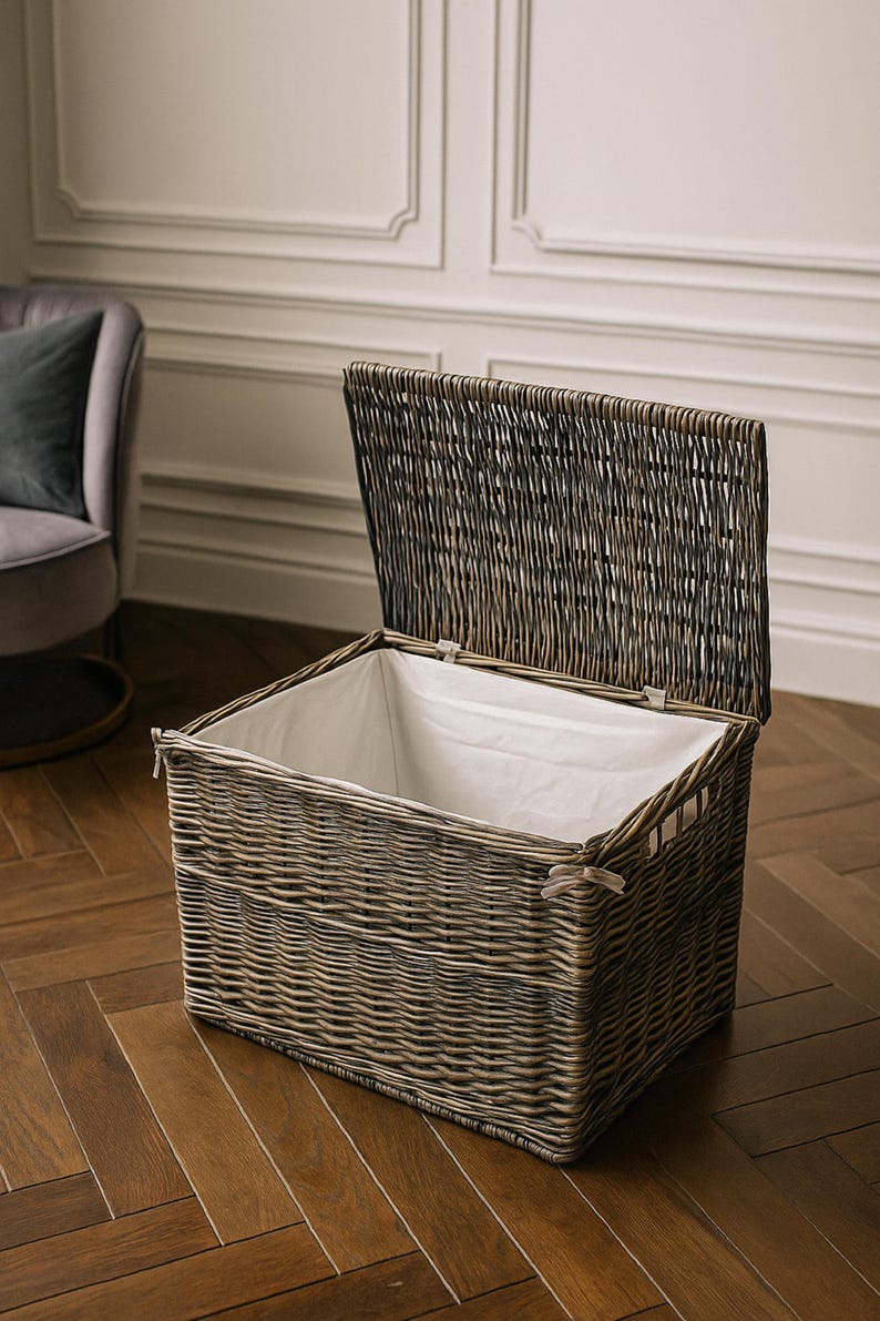 Bronze Wicker Storage Hamper Chest Large Rectangular Lidded Basket With ...