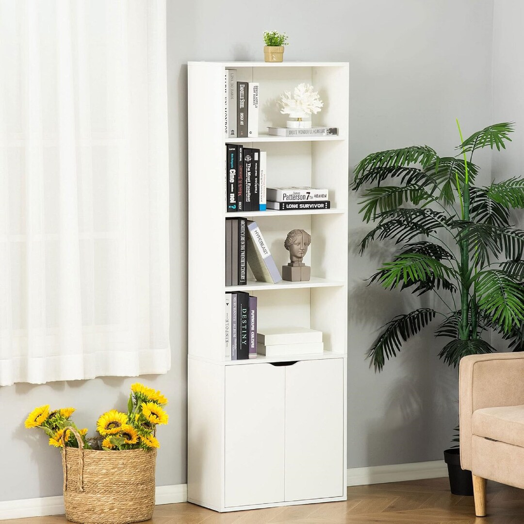 6-tier Tall Bookcase White Bookshelf With 4 Open Shelves Double Door ...