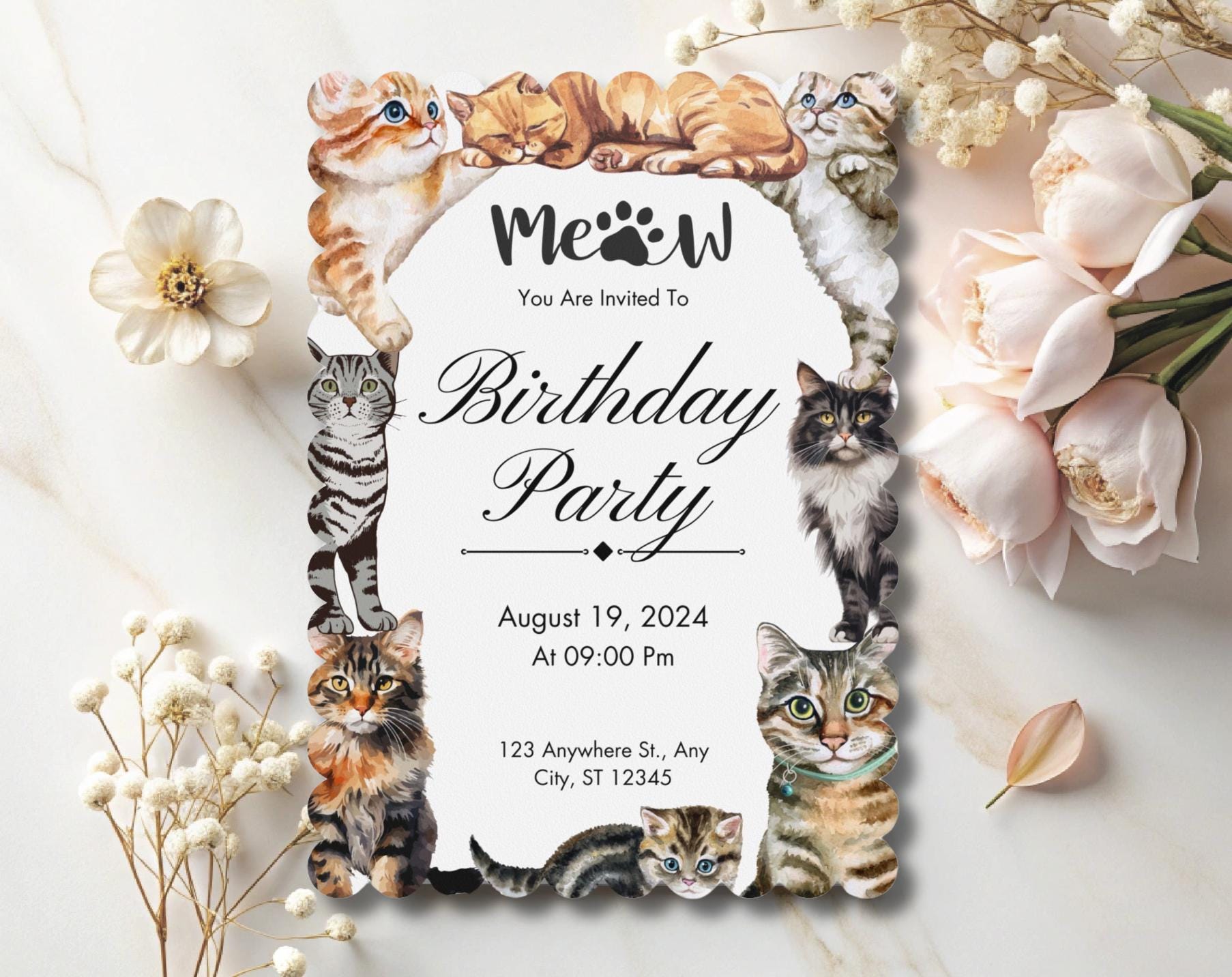 Cat Birthday Invitations ,cat Birthday Card , Party Invitations ...
