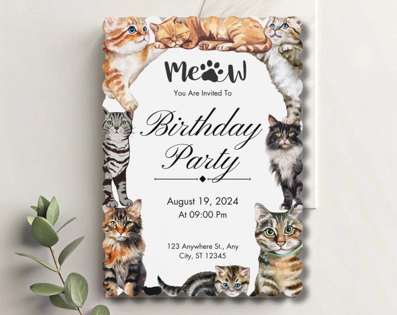 Cat Birthday Invitations ,cat Birthday Card , Party Invitations ...