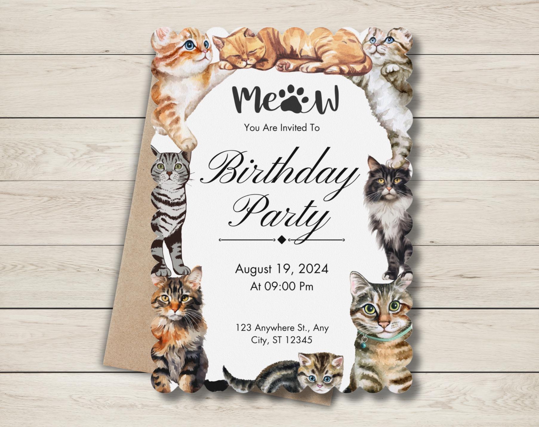 Cat Birthday Invitations ,cat Birthday Card , Party Invitations ...