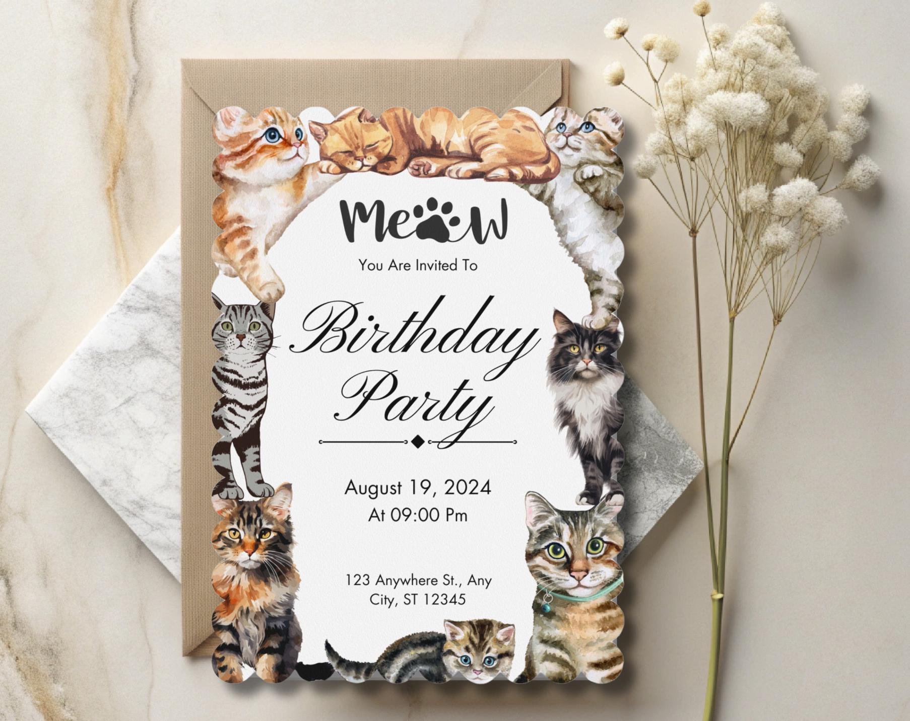 Cat Birthday Invitations ,cat Birthday Card , Party Invitations ...