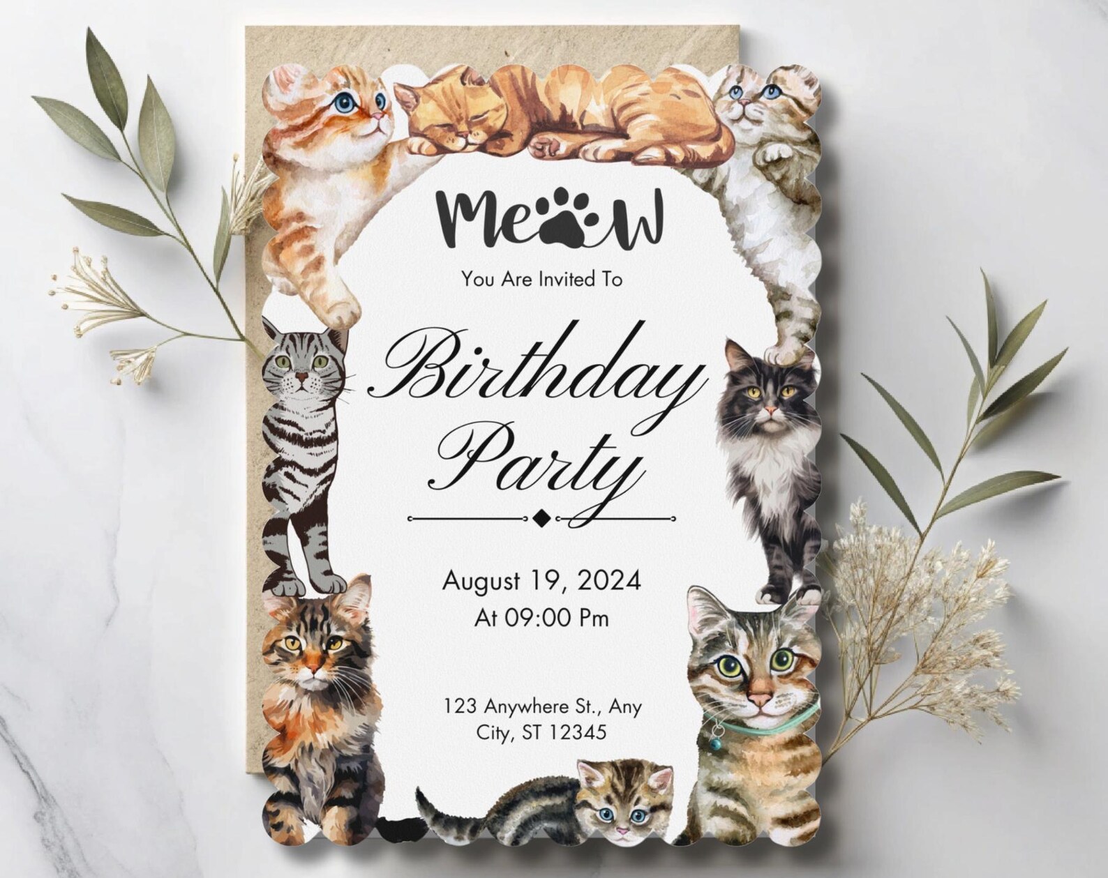 Cat Birthday Invitations ,cat Birthday Card , Party Invitations ...