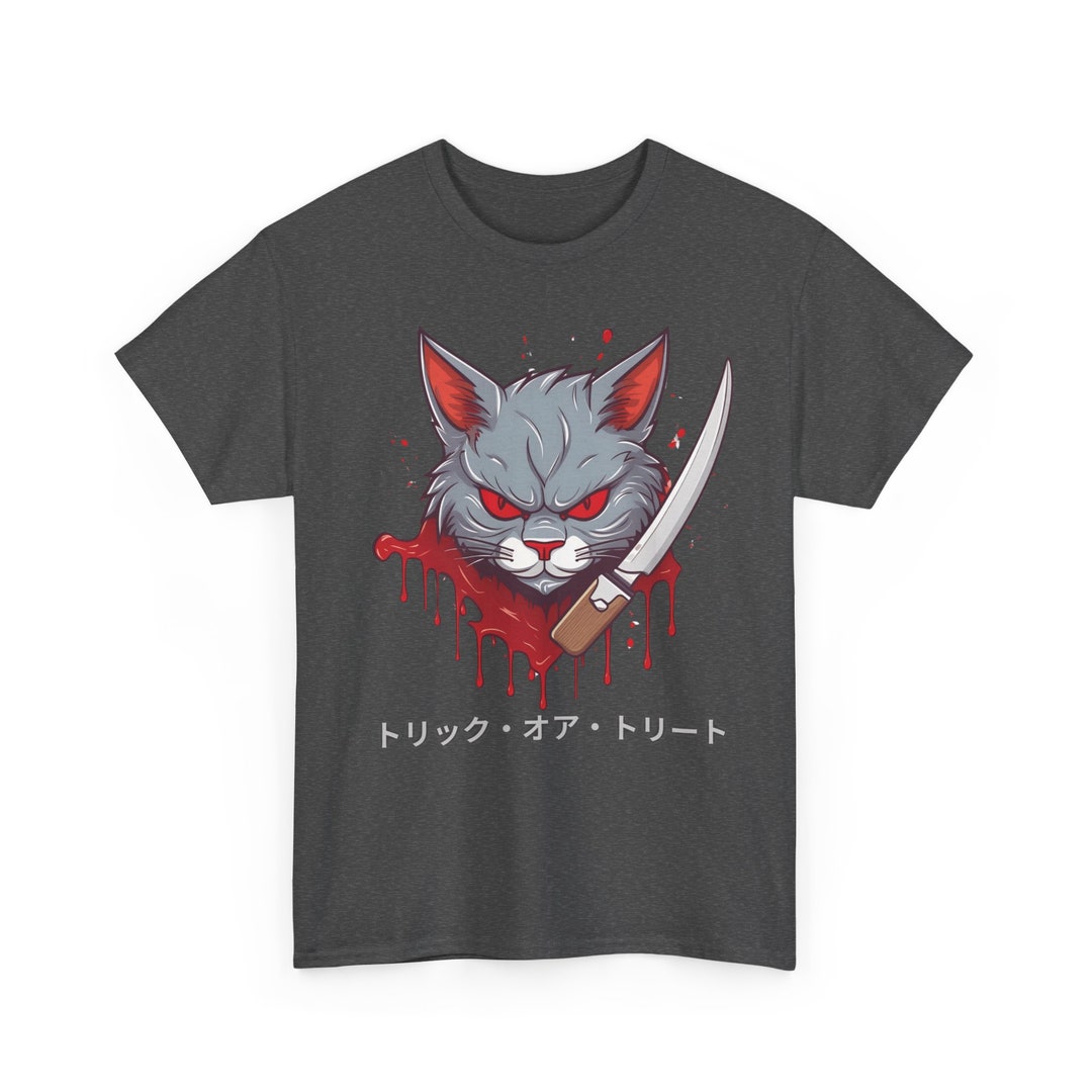 Angry Cat T-shirt, Cat With a Knife, Cool Cat, Japanese Writing T-shirt ...