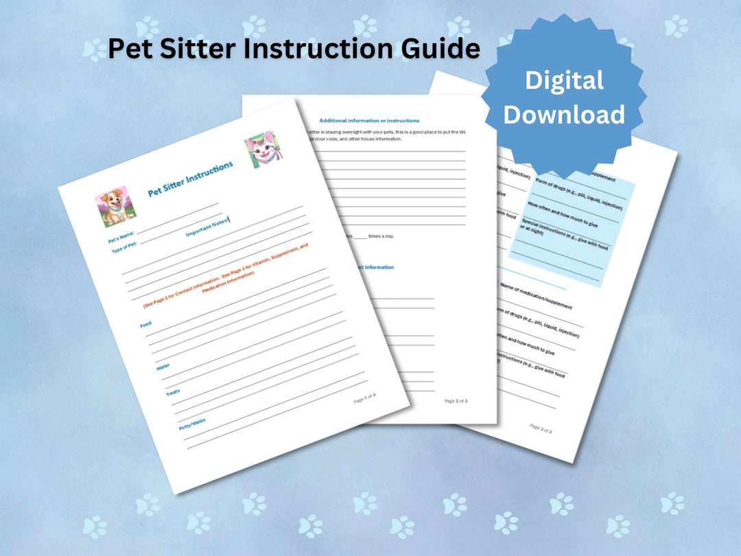 Pet Sitter Instructions, Printable Planner for Your Pet Caregiver - Etsy
