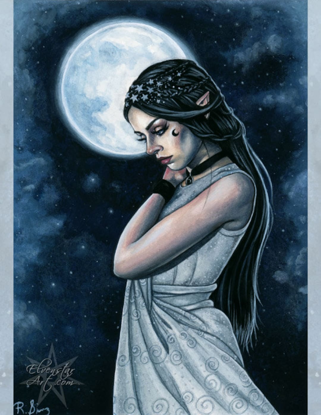Elven Moon PRINT Fantasy Art Elf Fairy Woman Full Moon Night Sky Stars ...