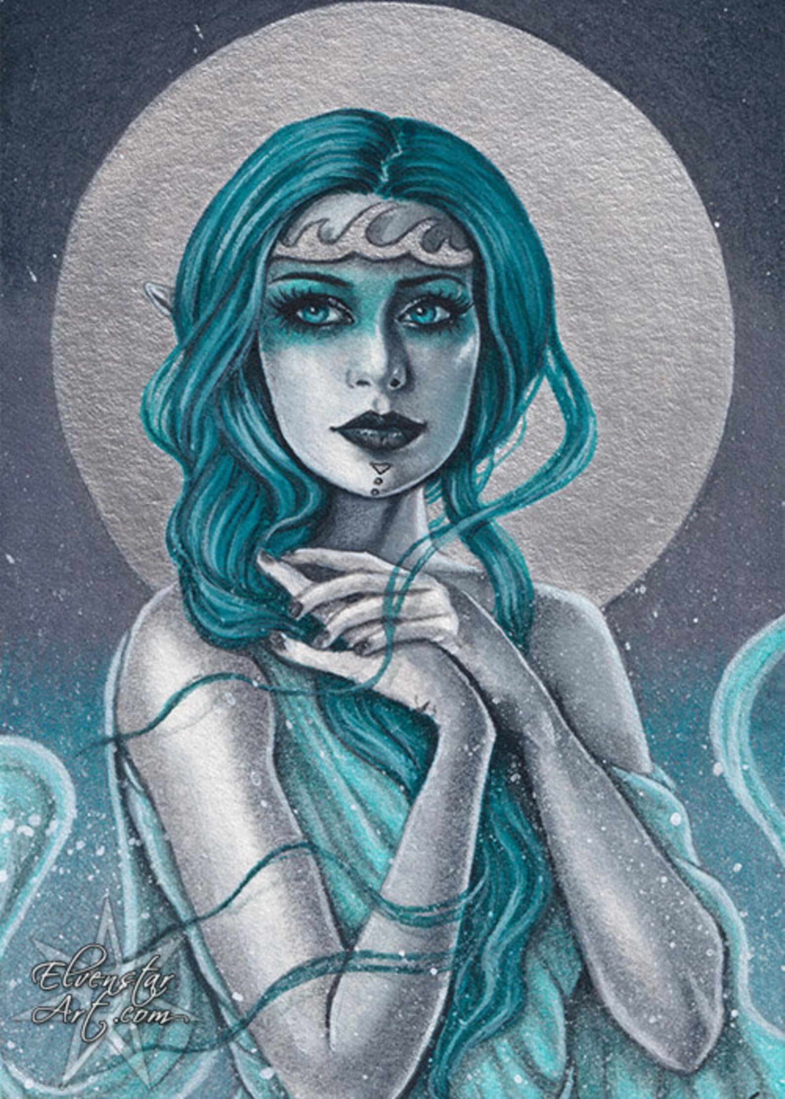 Sea Elf PRINT Gothic Fantasy Art Fae Ocean Teal Moon Silver - Etsy