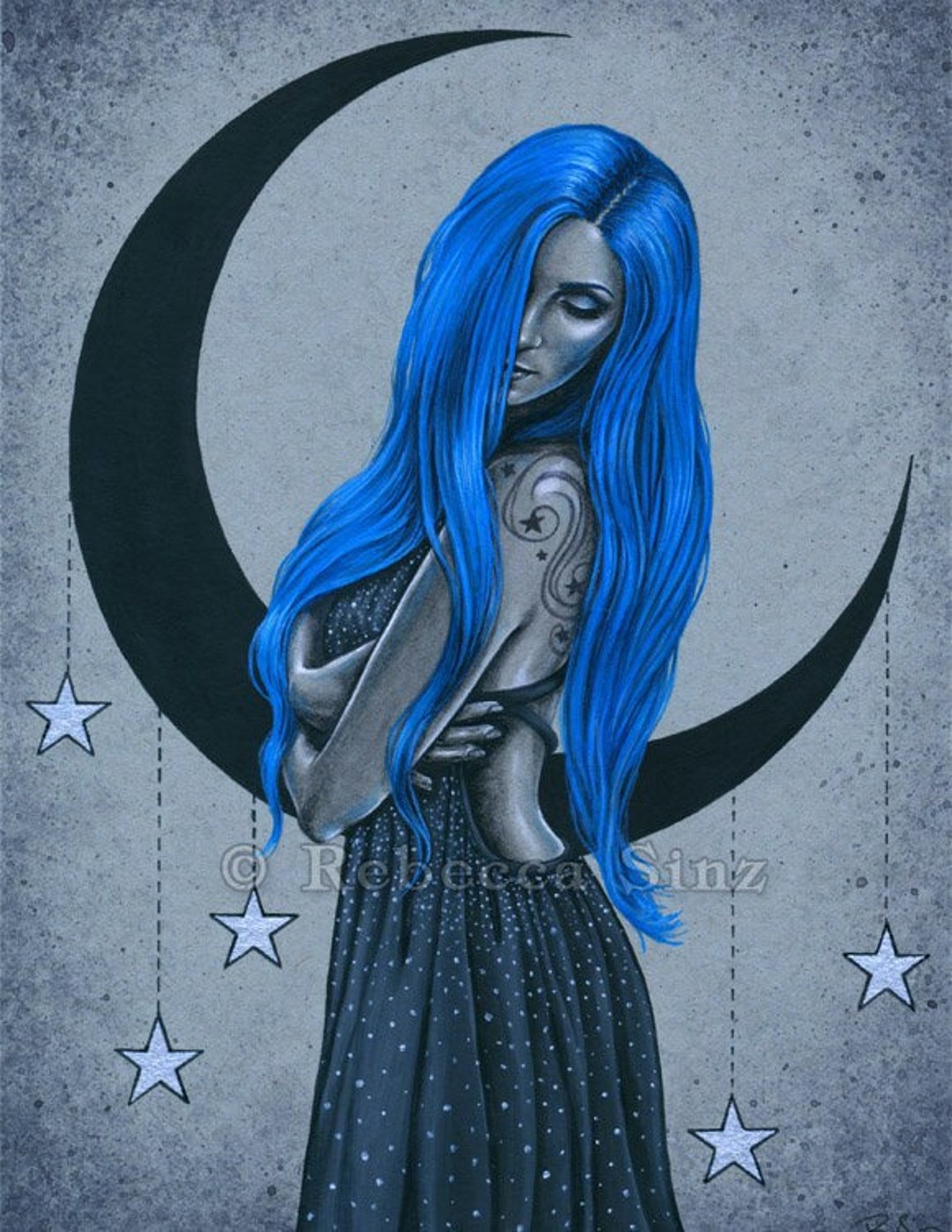 Blue Moon PRINT Gothic Fantasy Art Blue Hair Black Silver Portrait ...