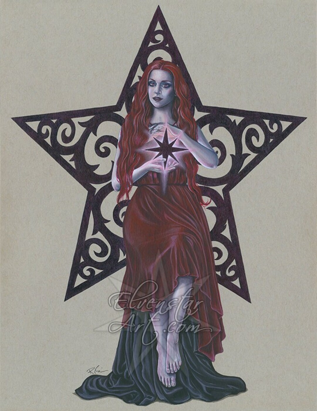 Dark Star PRINT Fantasy Art Goddess Woman Filigree Stars Celestial Red ...