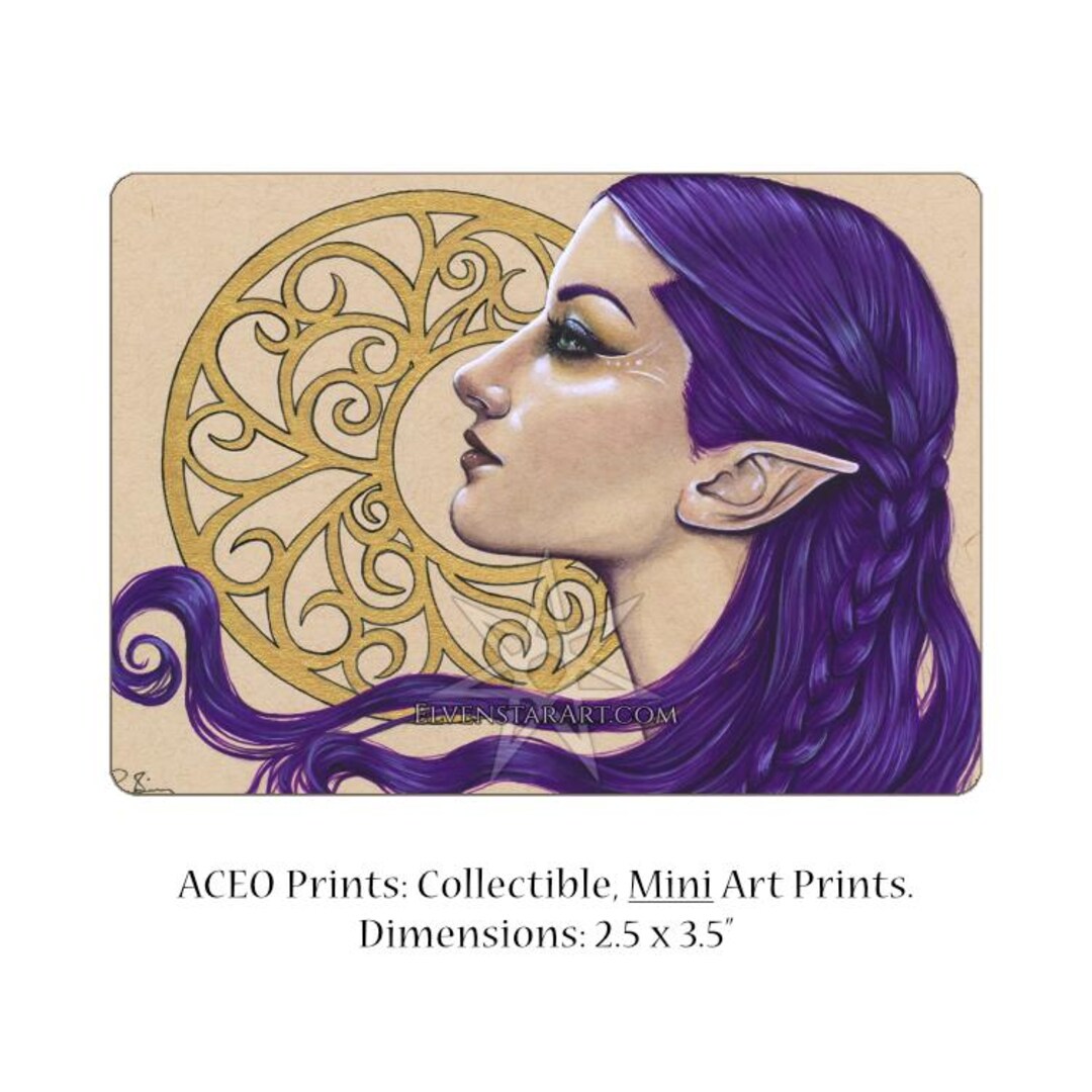 Filigree ACEO Print Fantasy Art Elf Fairy Woman Purple Hair Braid Gold ...