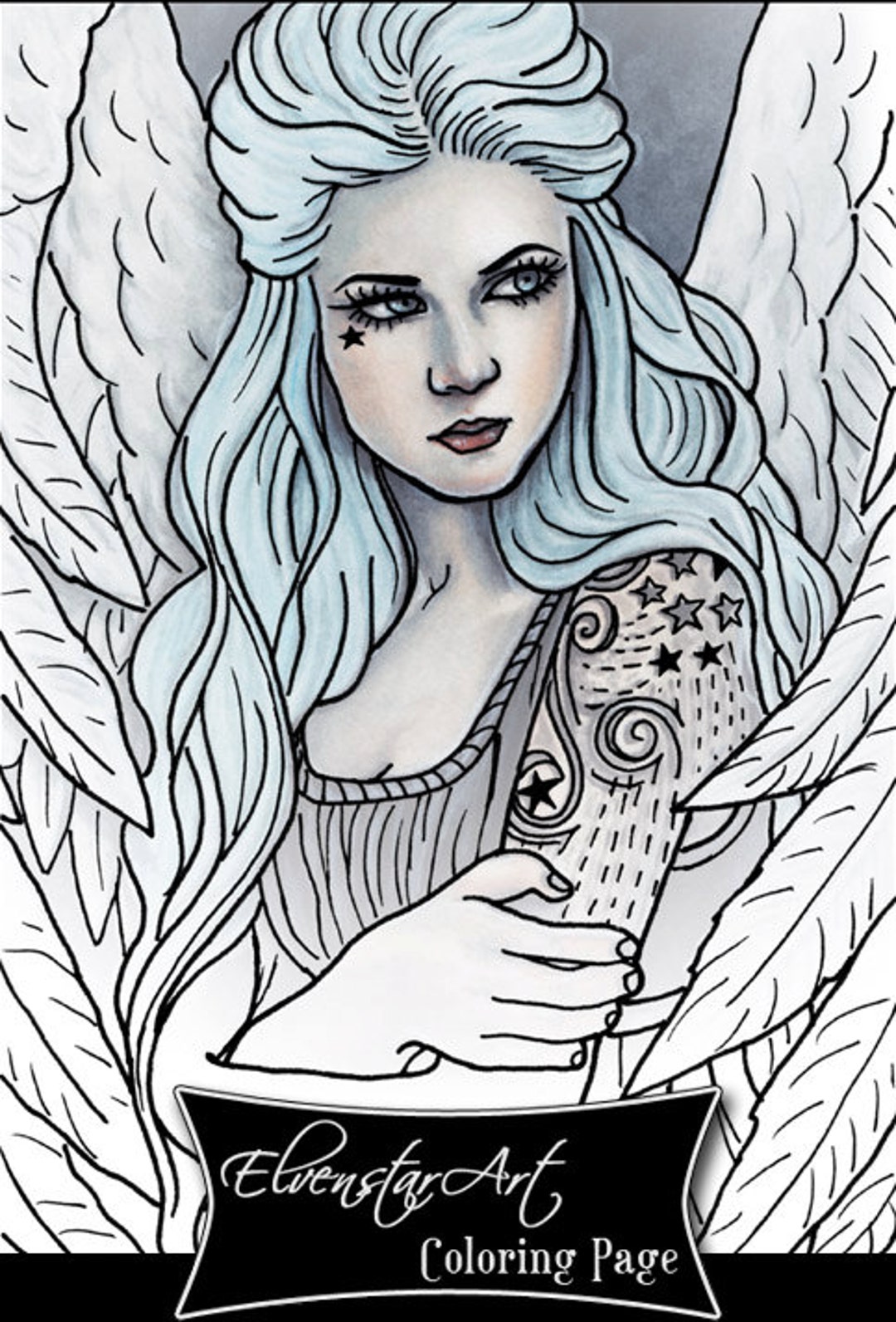 Coloring Page PRINTABLE Angel Tattoos Gothic Fantasy Art Instant ...