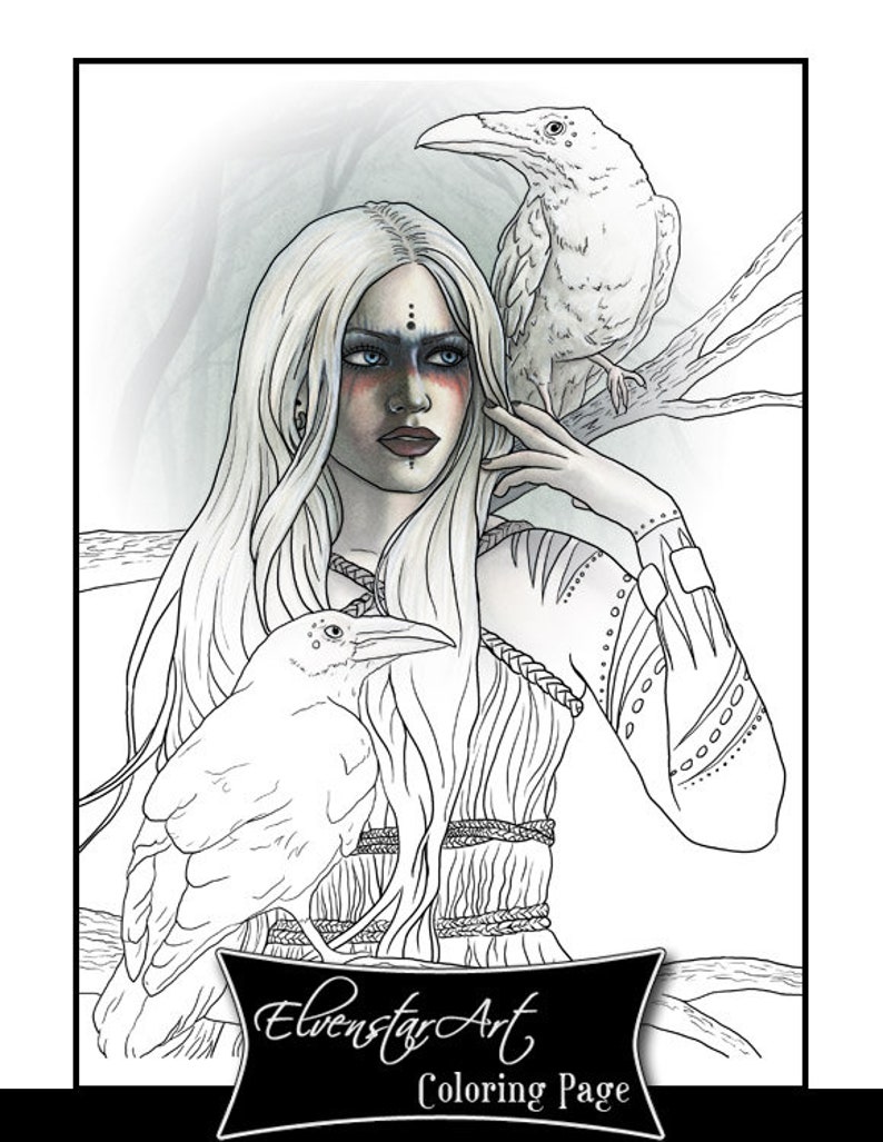 Coloring Page PRINTABLE Gothic Ravens Crows Shaman Tribal Fantasy Art ...