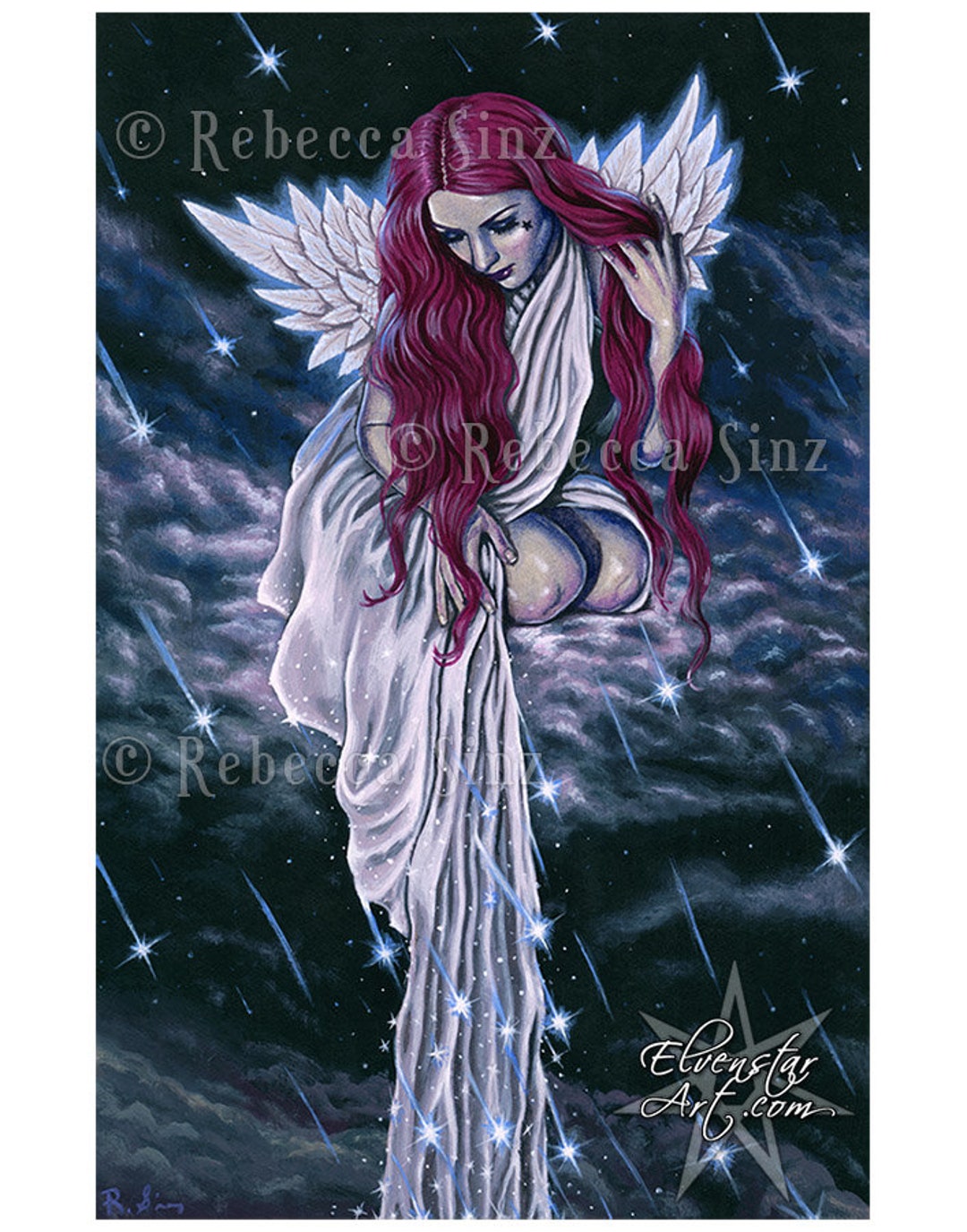 Raining Stars PRINT Angel Wings Fantasy Art Celestial Shooting Stars ...
