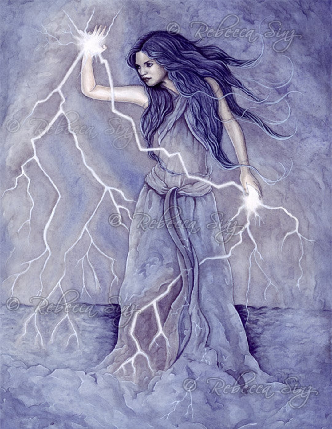 Lightning PRINT Fantasy Art Goddess Storms Lightning Power Watercolor 4 ...