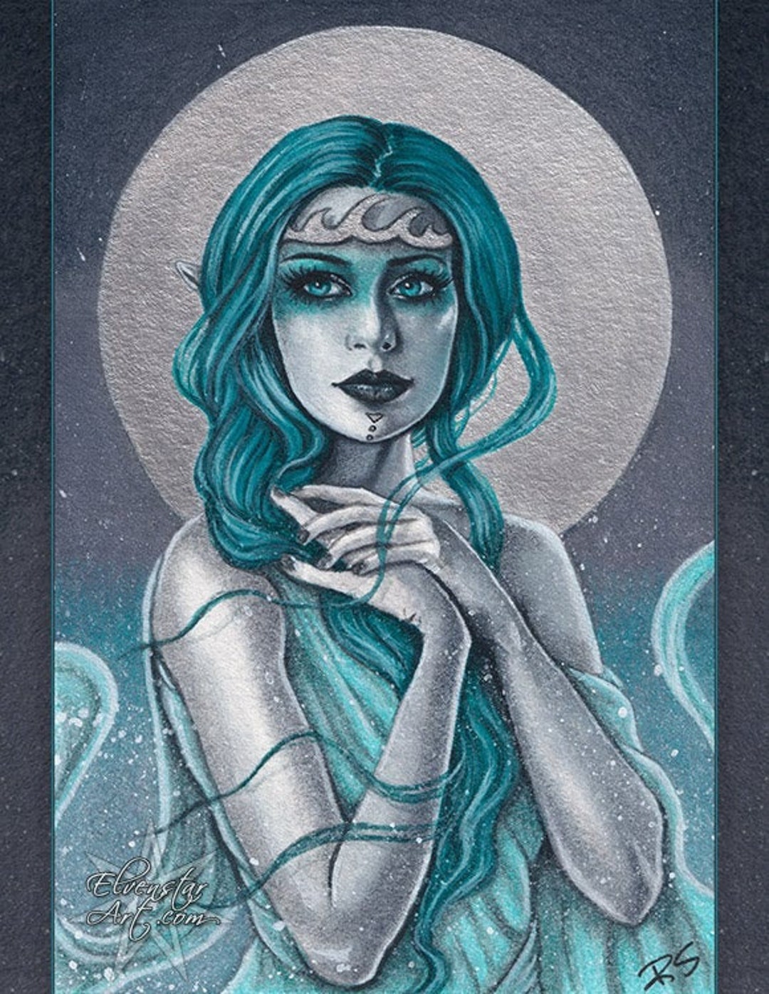 Sea Elf PRINT Gothic Fantasy Art Fae Ocean Teal Moon Silver Turquoise ...