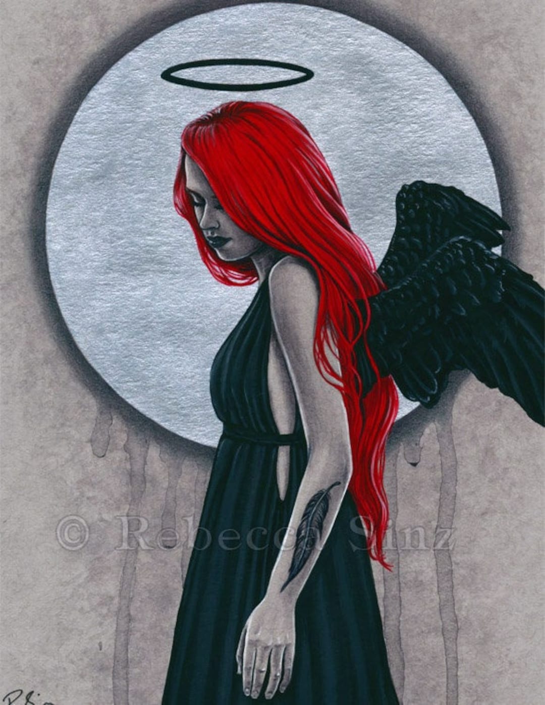 Black Halo PRINT Gothic Fantasy Art Angel Red Black Silver Portrait ...