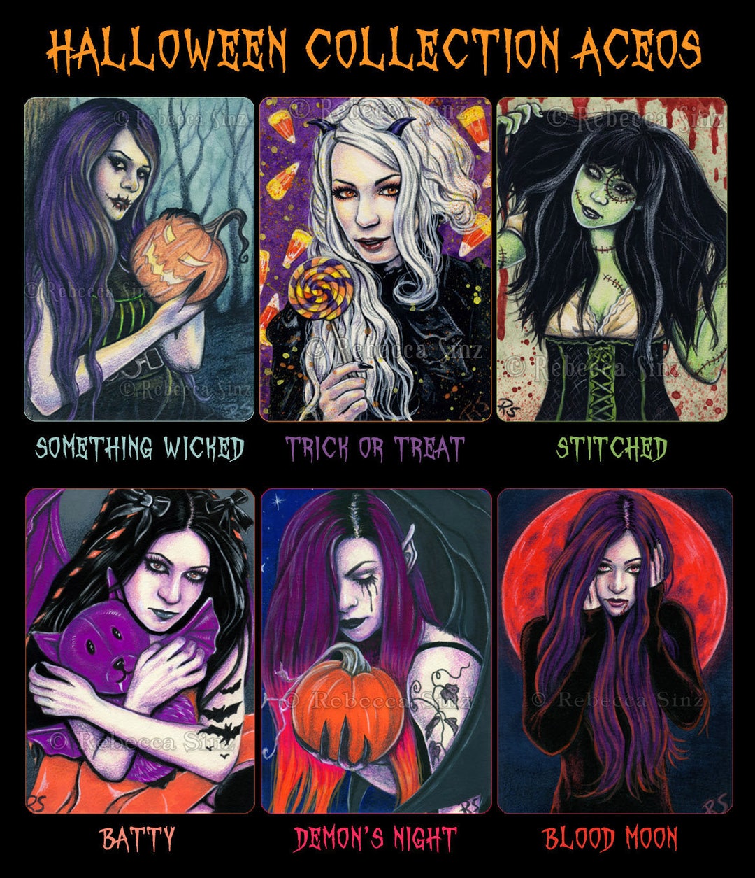 Halloween Collection ACEO Prints Pumpkin Jack O Lantern Witch Candy ...