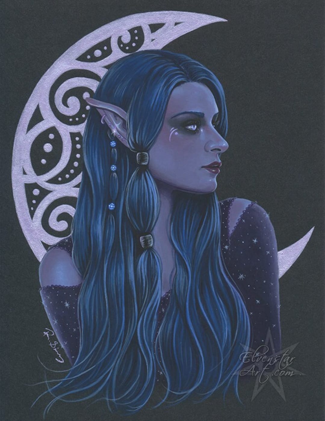Filigree Moon PRINT Fantasy Art Elf Fairy Celestial Stars Night Blue ...