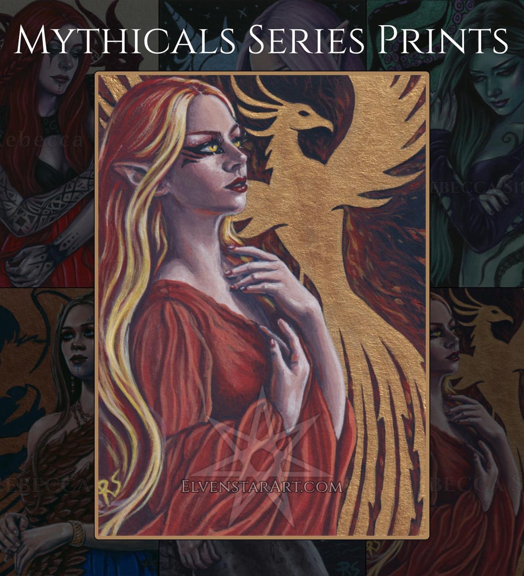 Mythical Creatures PRINT Fantasy Art Women Elf Unicorn Dragon Kraken ...