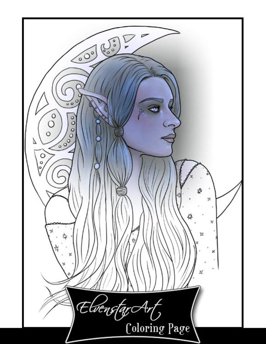 Coloring Page PRINTABLE Gothic Fantasy Art Crescent Moon Celestial Elf ...