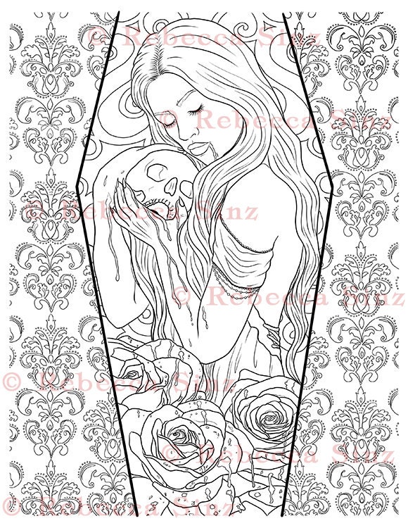 Coloring Page PRINTABLE Gothic Vampire Skull Roses Coffin Demask ...