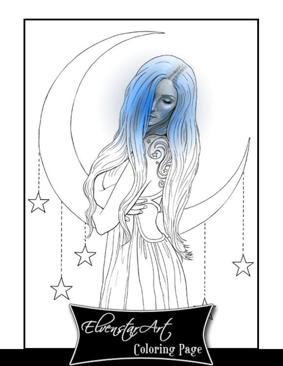 Coloring Page PRINTABLE Gothic Crescent Moon Stars Celestial Goddess ...