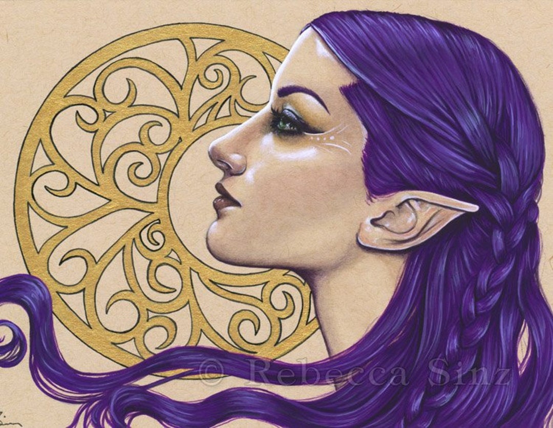 Filigraner DRUCK Fantasy Art Elfe Fee Frau Lila Haare Zopf Gold ...