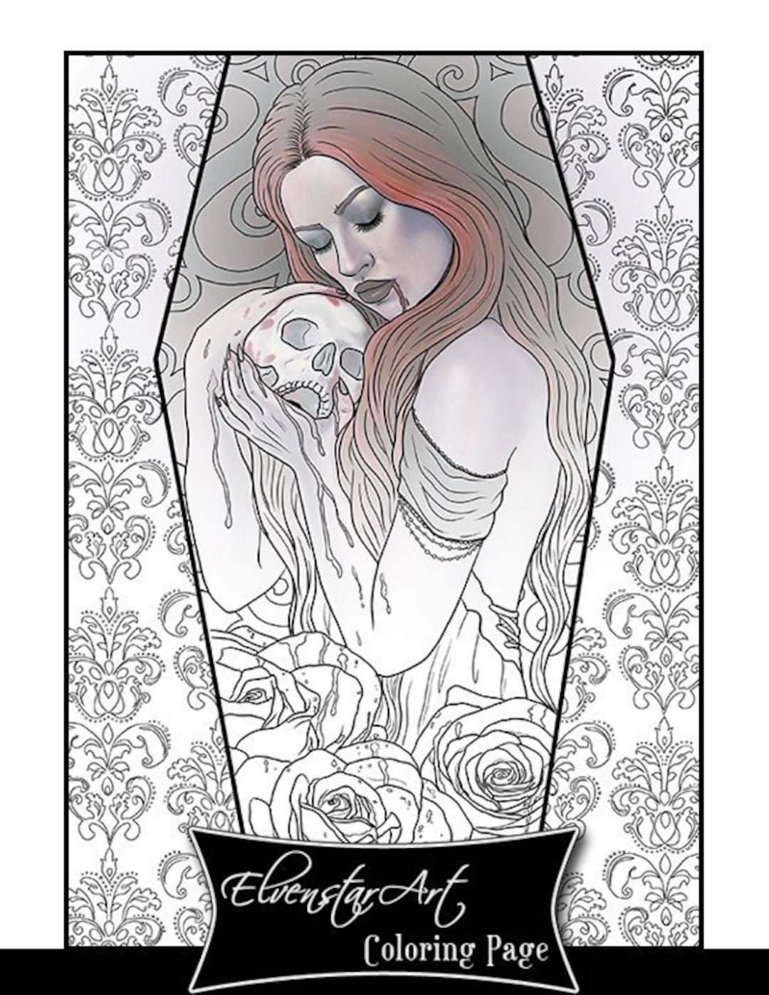 Coloring Page PRINTABLE Gothic Vampire Skull Roses Coffin Demask ...