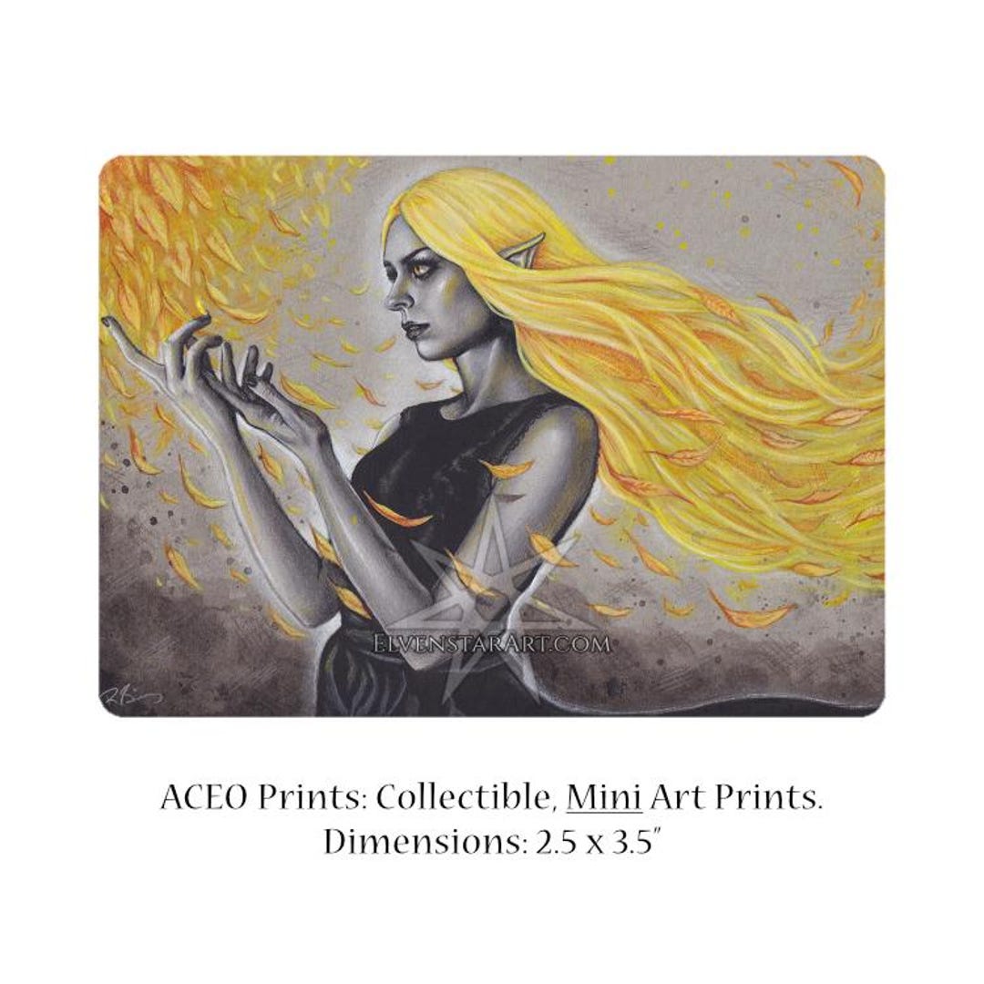 Transitions ACEO Print Fantasy Art Elf Fairy Woman Yellow Black Autumn ...