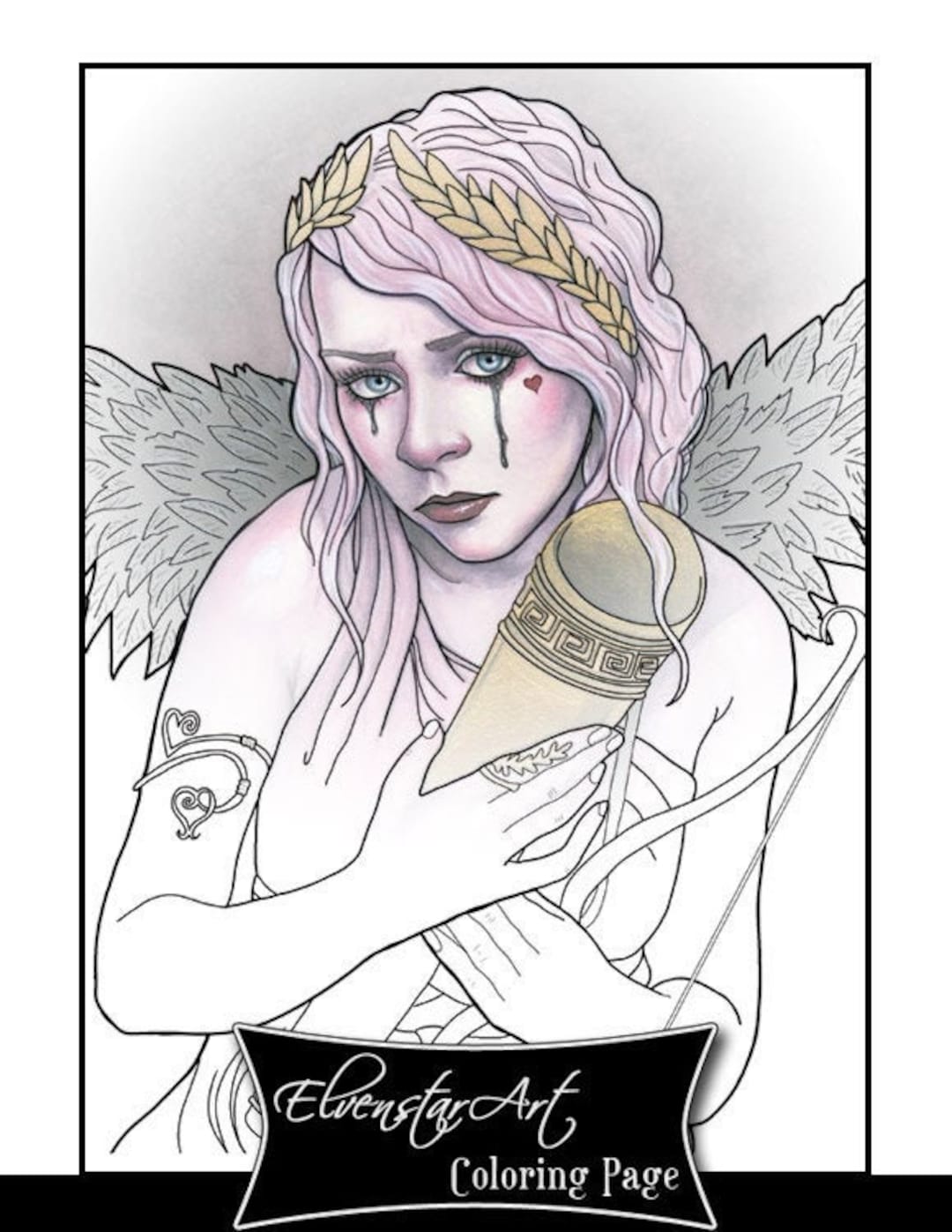 Coloring Page PRINTABLE Gothic Angel Cupid Bow and Arrow Grecian ...