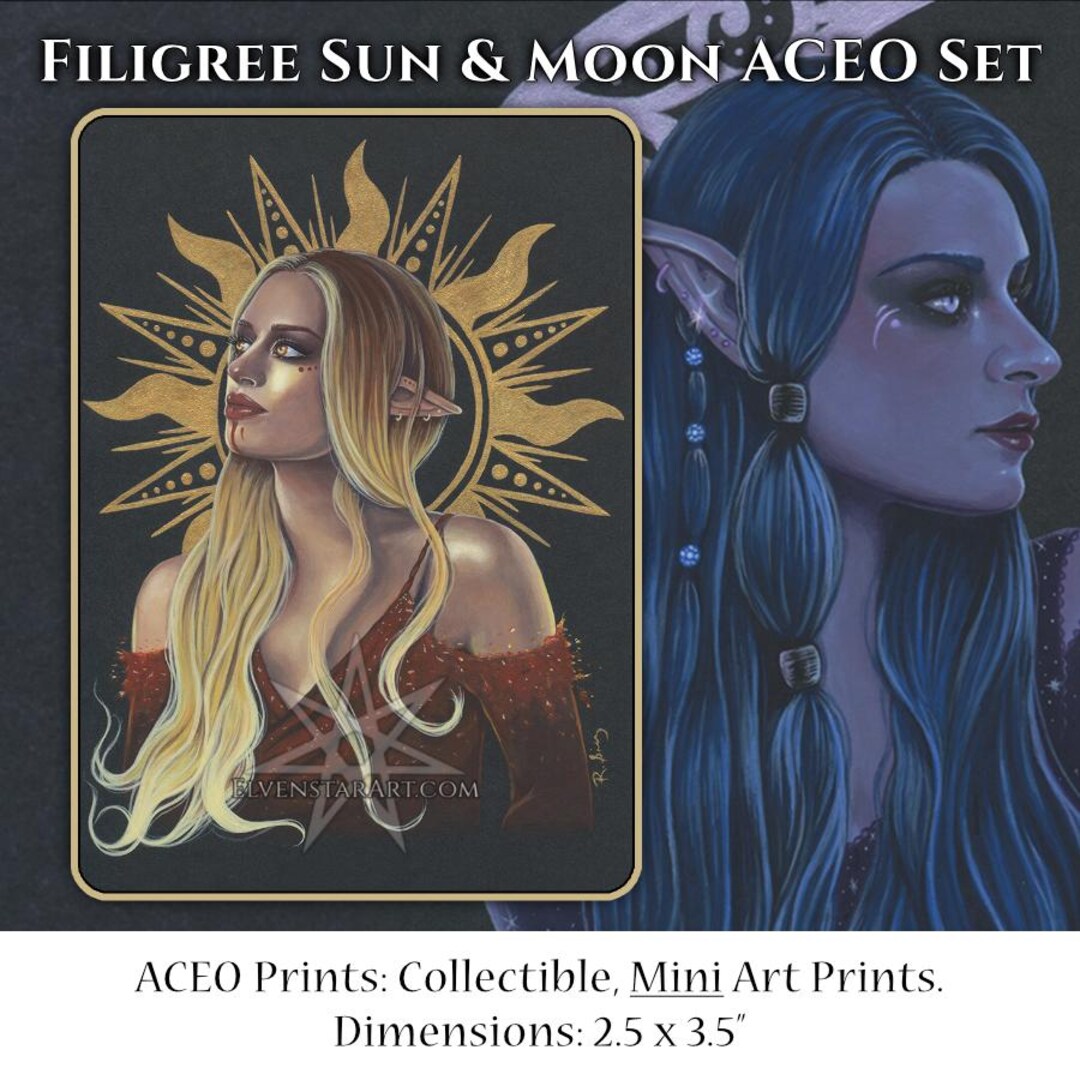 Celestial Fantasy Art ACEO Print SET Moon Sun Filigree Blue Gold Elves ...