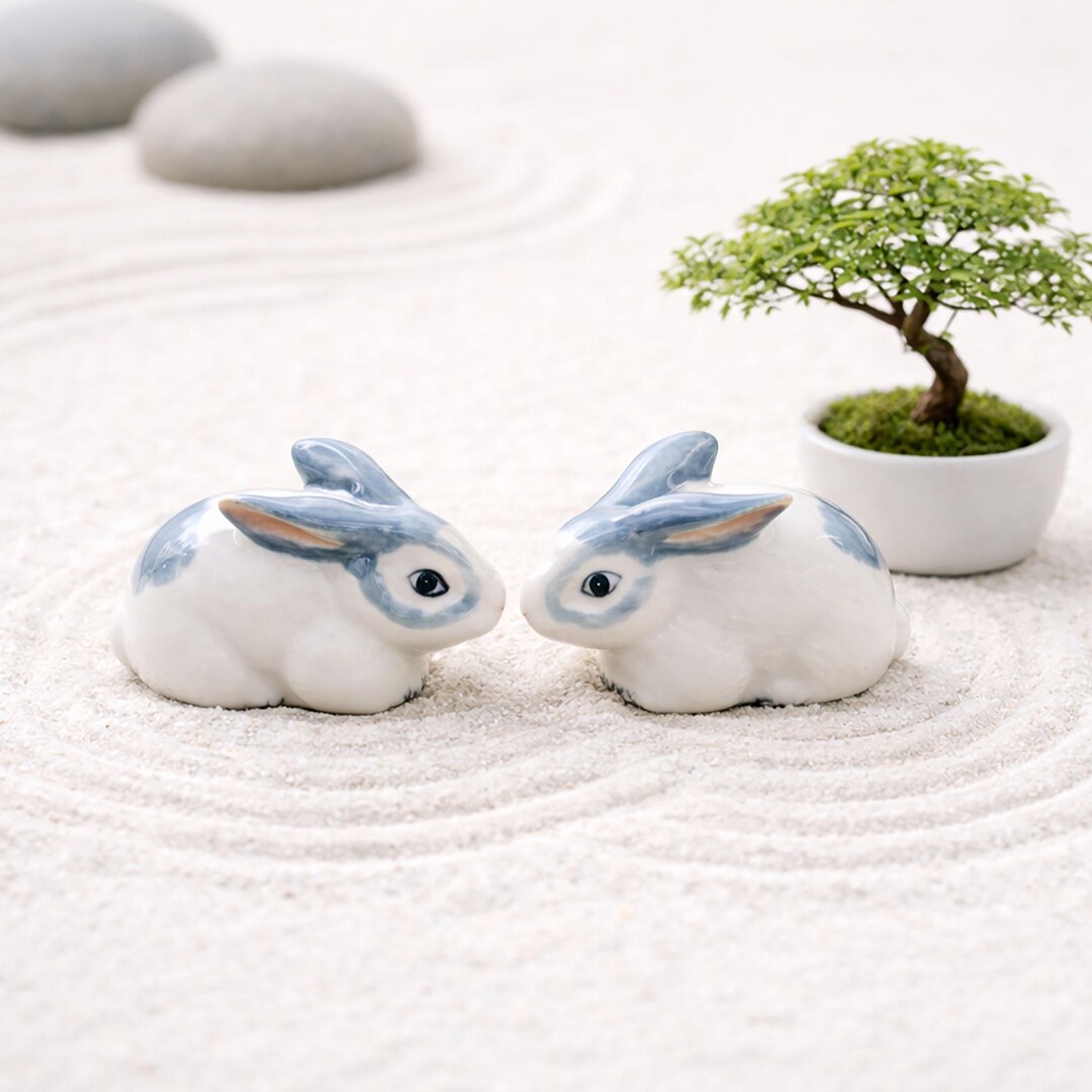 Miniature Ceramic Rabbit Figurine: Tiny Bunny Sculpture White Blue Home ...