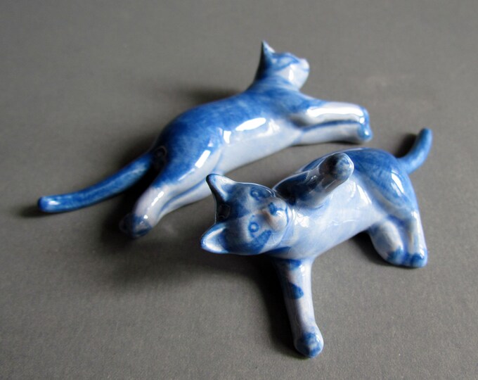 Miniature Blue Cat Ceramic Figurine Porcelain Animal Small Pet Kitty ...