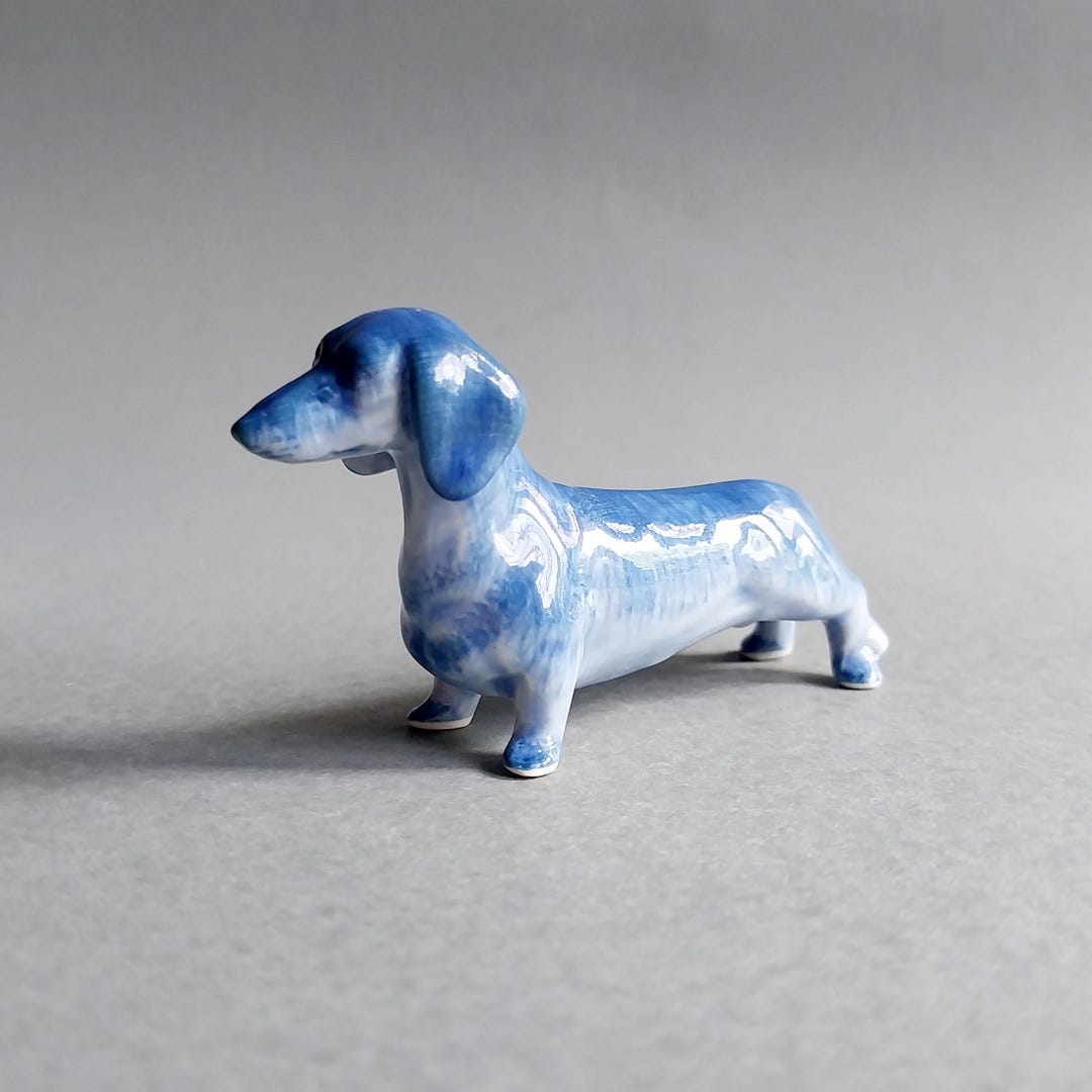 Miniature Blue & White Ceramic Dachshund Figurine, Tiny Porcelain Doxie ...