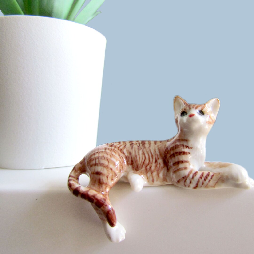 Cat Miniature Ceramic Porcelain Animal Figurine Cat Tabby - Etsy