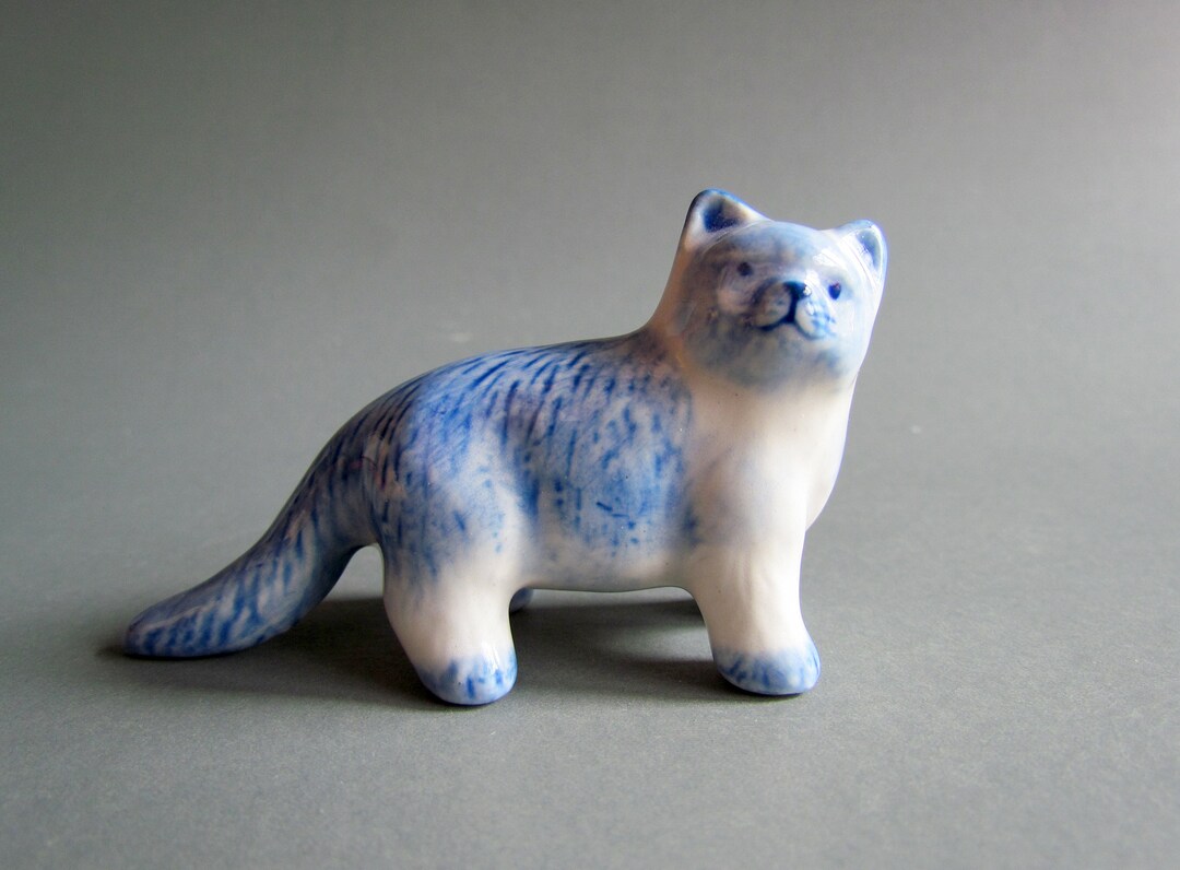 Miniature Blue Cat Ceramic Figurine Porcelain Animal Small Pet Kitty ...