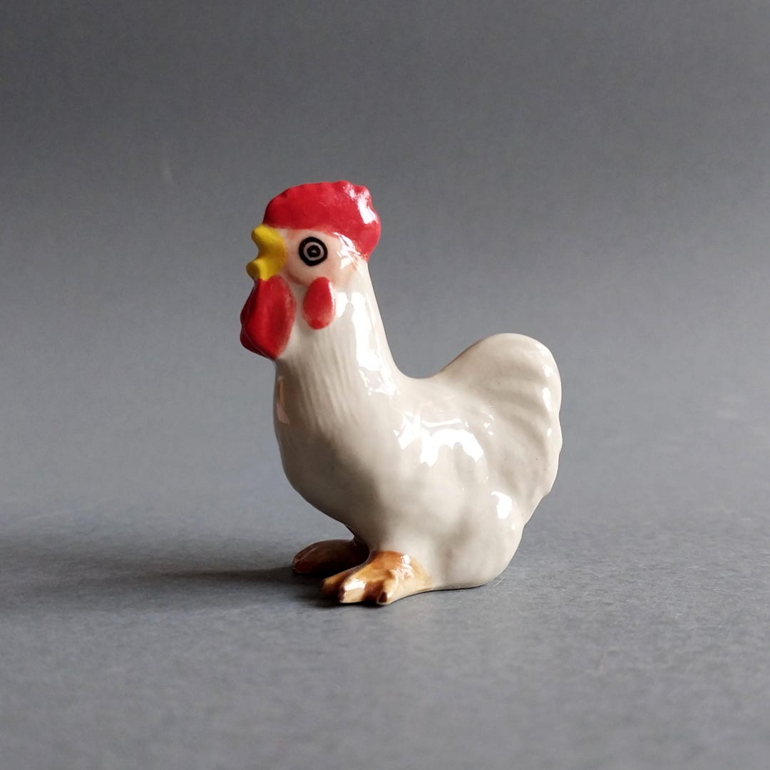Miniature Ceramic Figurine Chicken White Red Rooster Hen Little Tiny ...