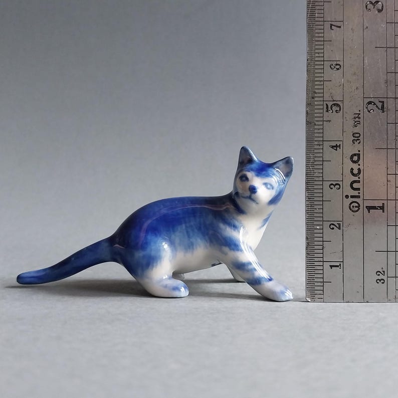 Miniature Persian Cat Figurine Hand-painted Delft Blue White Ceramic ...